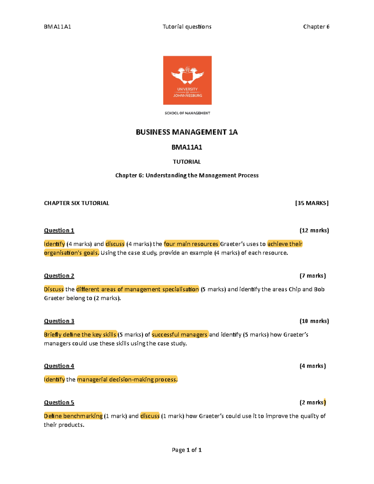 BMA11A1 Tutorial: Chapter 6 - Understanding Management Processes - Studocu