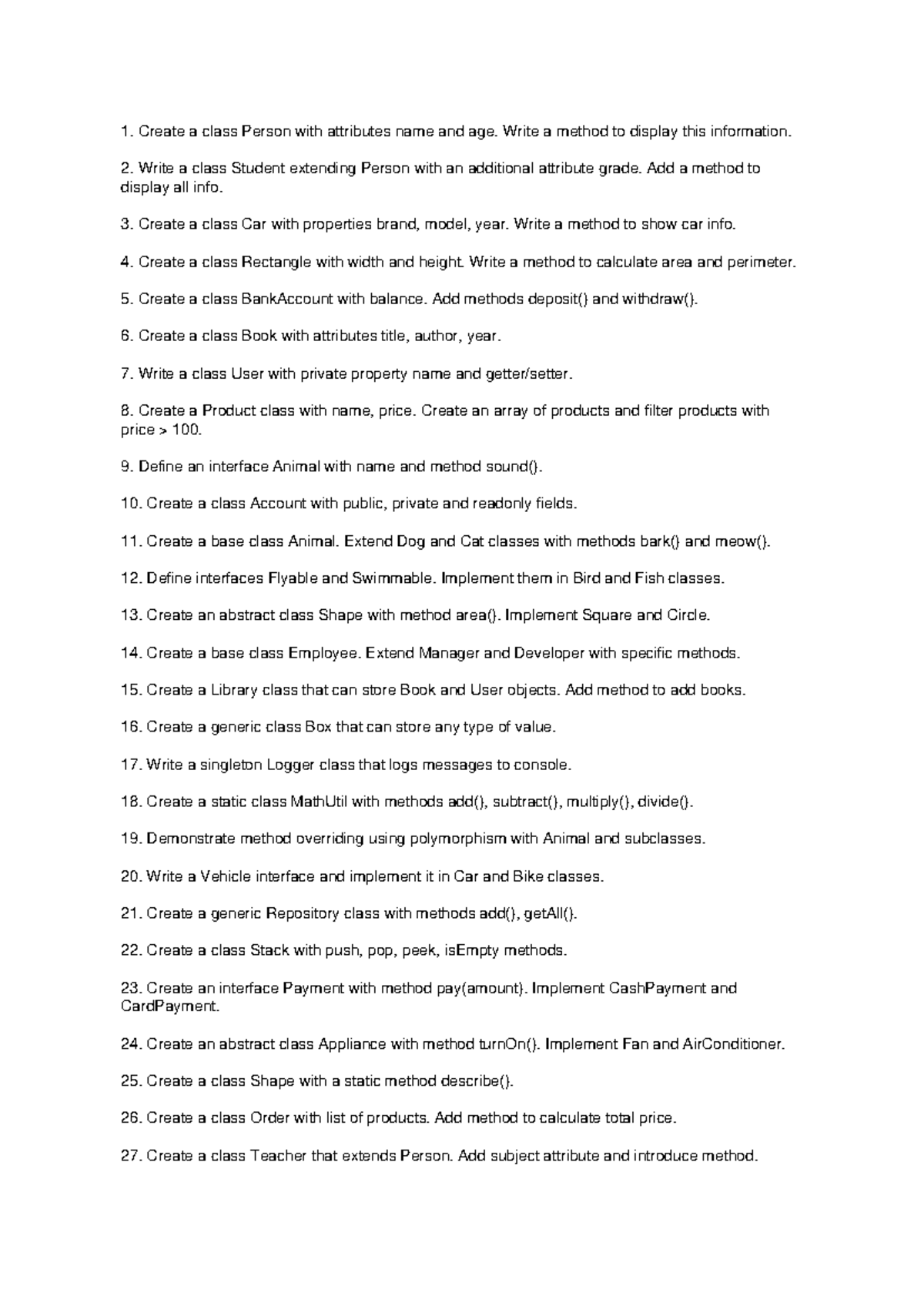 OOP Exercises in TypeScript: Class and Interface Implementations - Studocu