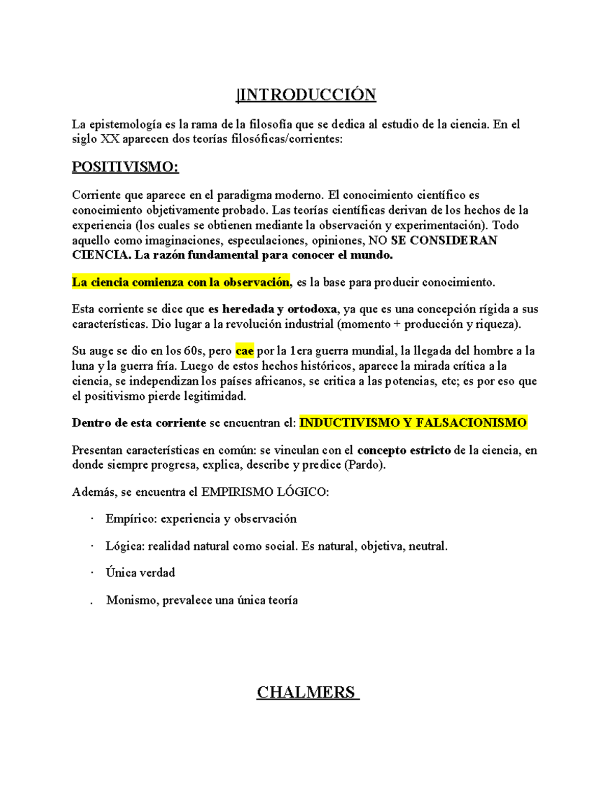 Chalmers Resumen - Charlmers - |INTRODUCCIÓN La epistemología es la ...