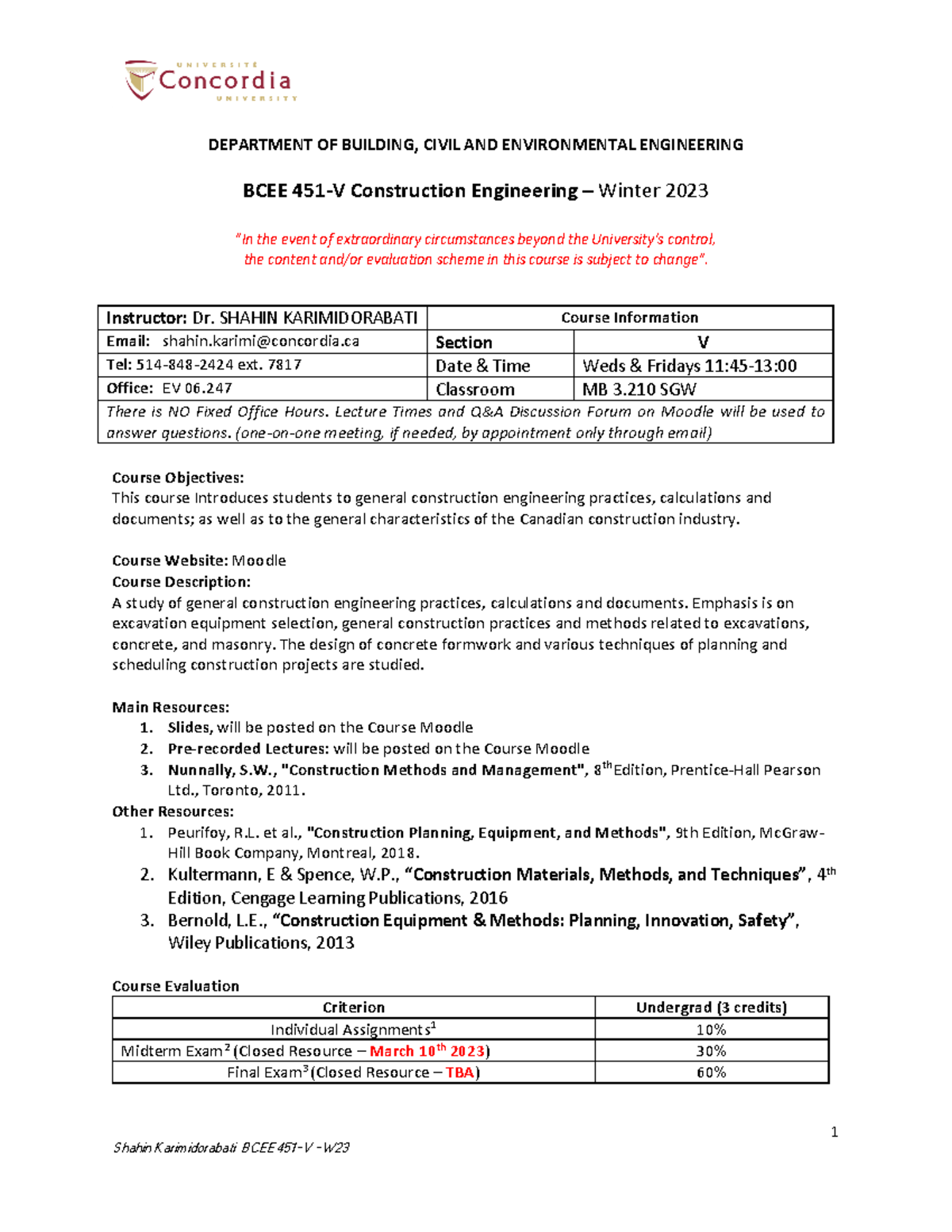 BCEE 451-V Construction Engineering Course Outline - Winter 2023 - Studocu