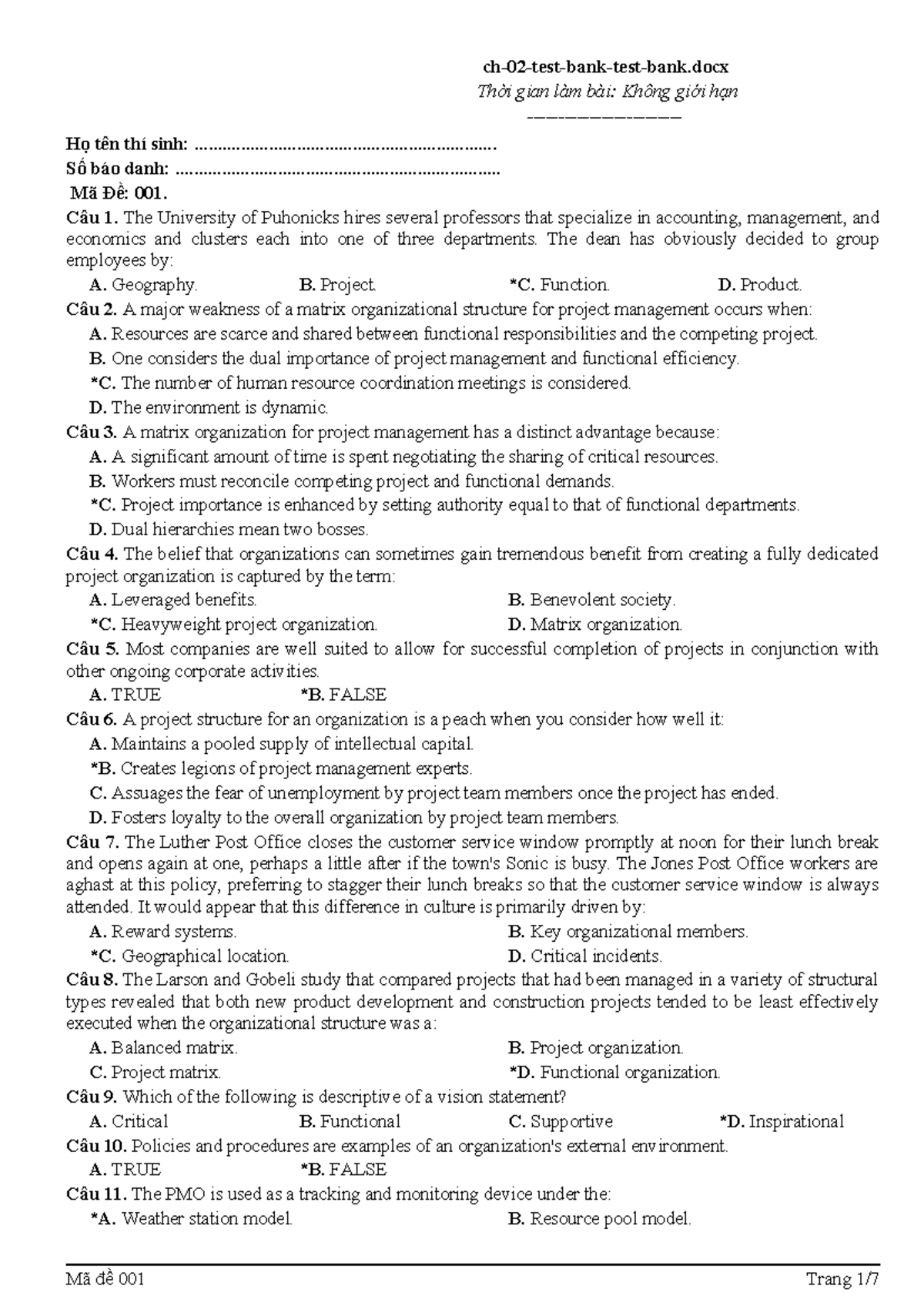 Mã Đề 001 - Project Management Exam Questions and Answers - Studocu