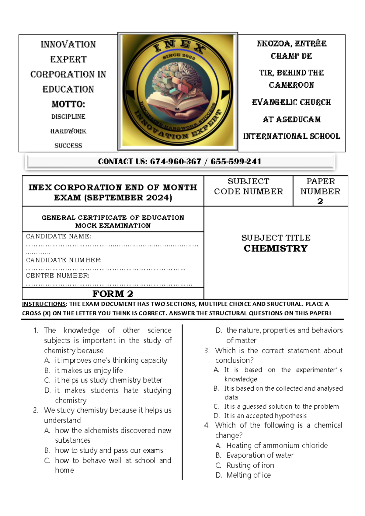 END OF Month FORM 2,CHEM,sept 2024 - INSTRUCTIONS: THE EXAM DOCUMENT ...