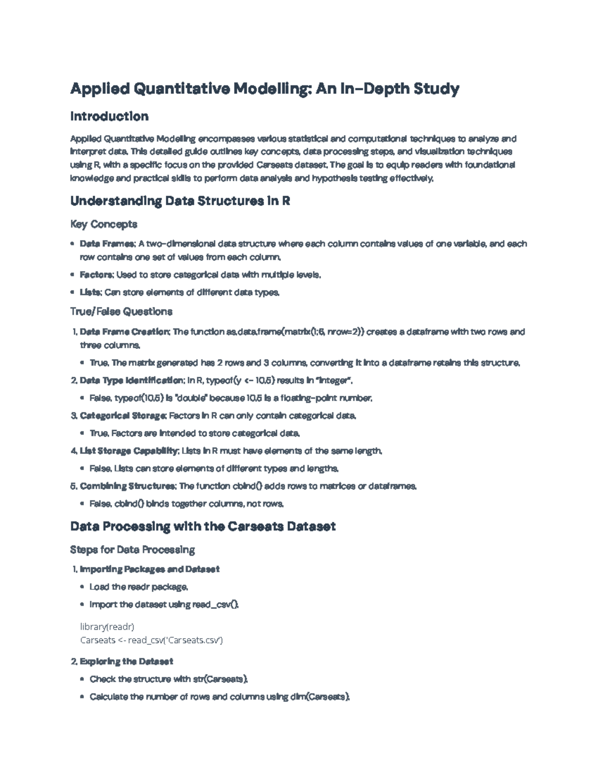 Applied Quantitative Modelling: Data Analysis with the Carseats Dataset ...