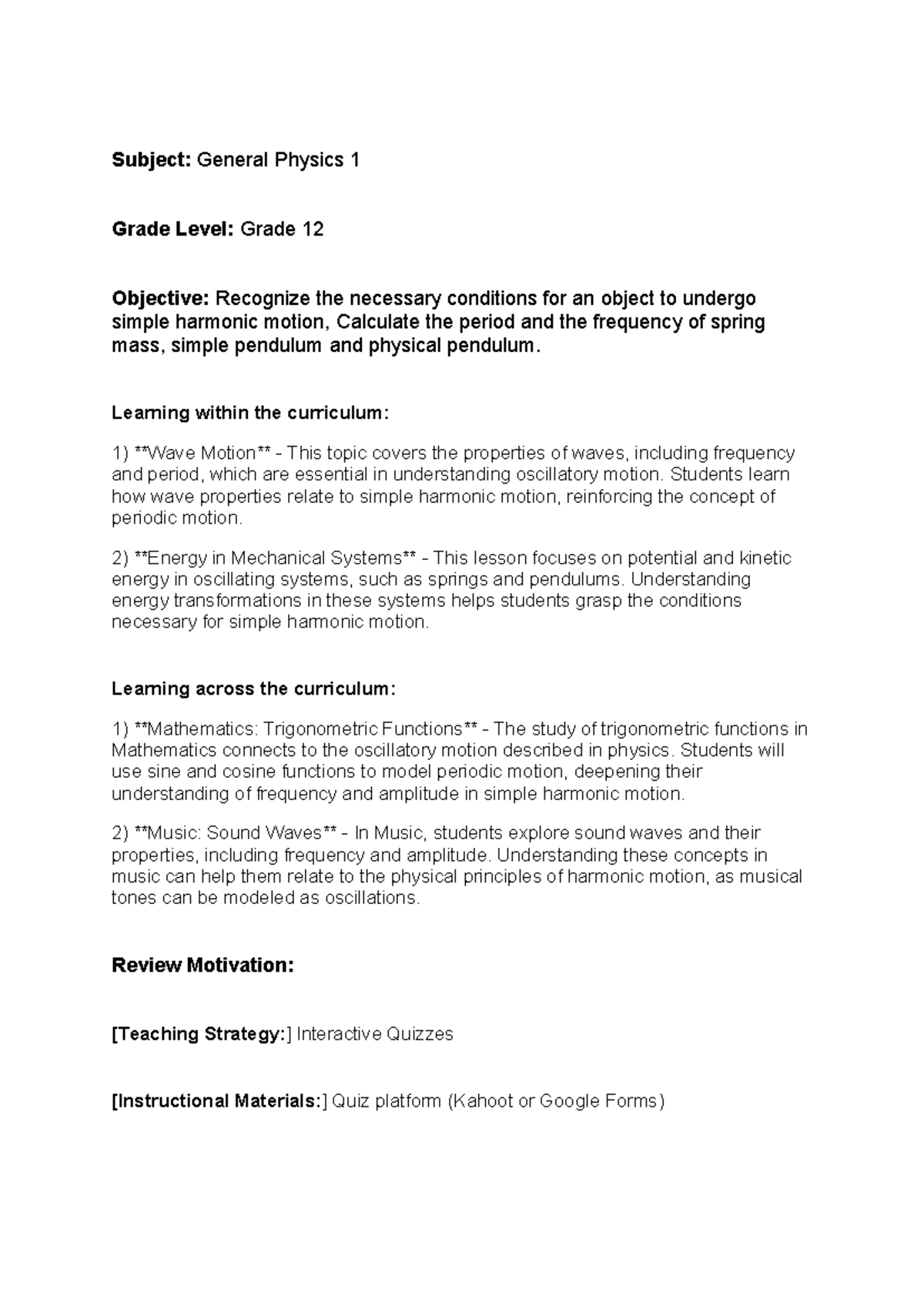 General Physics 1: Lesson Plan on Simple Harmonic Motion - Studocu