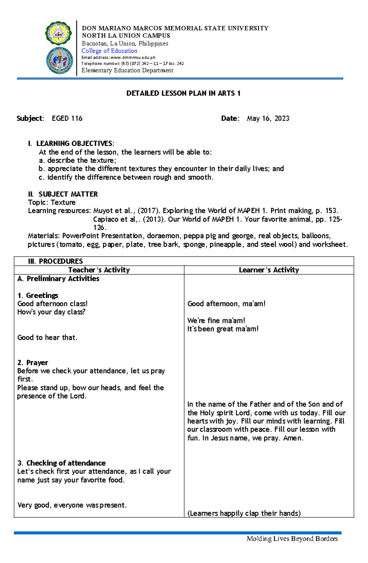 LP-Arts- Detailed Lesson Plan on Texture in EGED 116 - Studocu