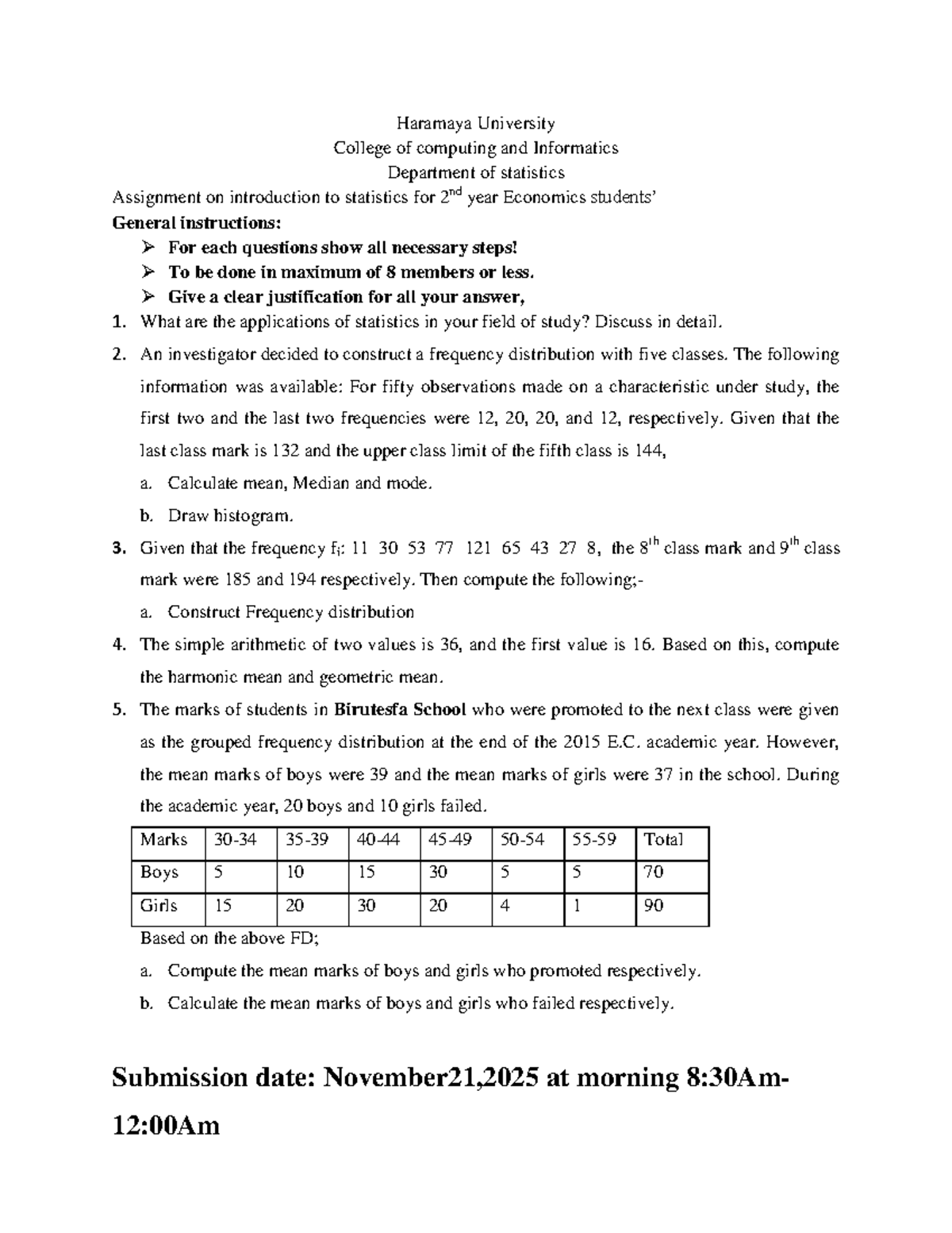 Assignment on Intro to Statistics for 2nd Year Economics (STAT 101 ...