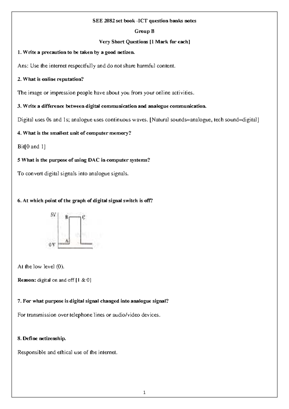SEE 2082 ICT Question Bank - Group B Very Short Answers - Studocu