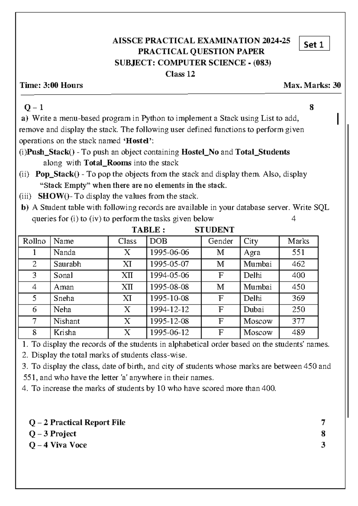 AISSCE Computer Science (083) Class 12 Practical Exam Sets 1-5 QP - Studocu