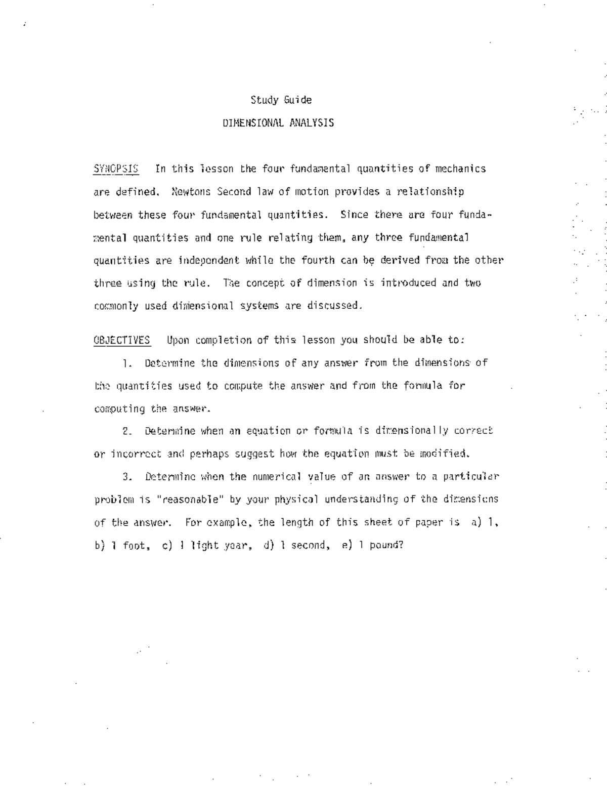 Ch1 Dimensional Analysis - Study Guide DIMENSIONAL ANALYSIS SYNOPSIS In ...