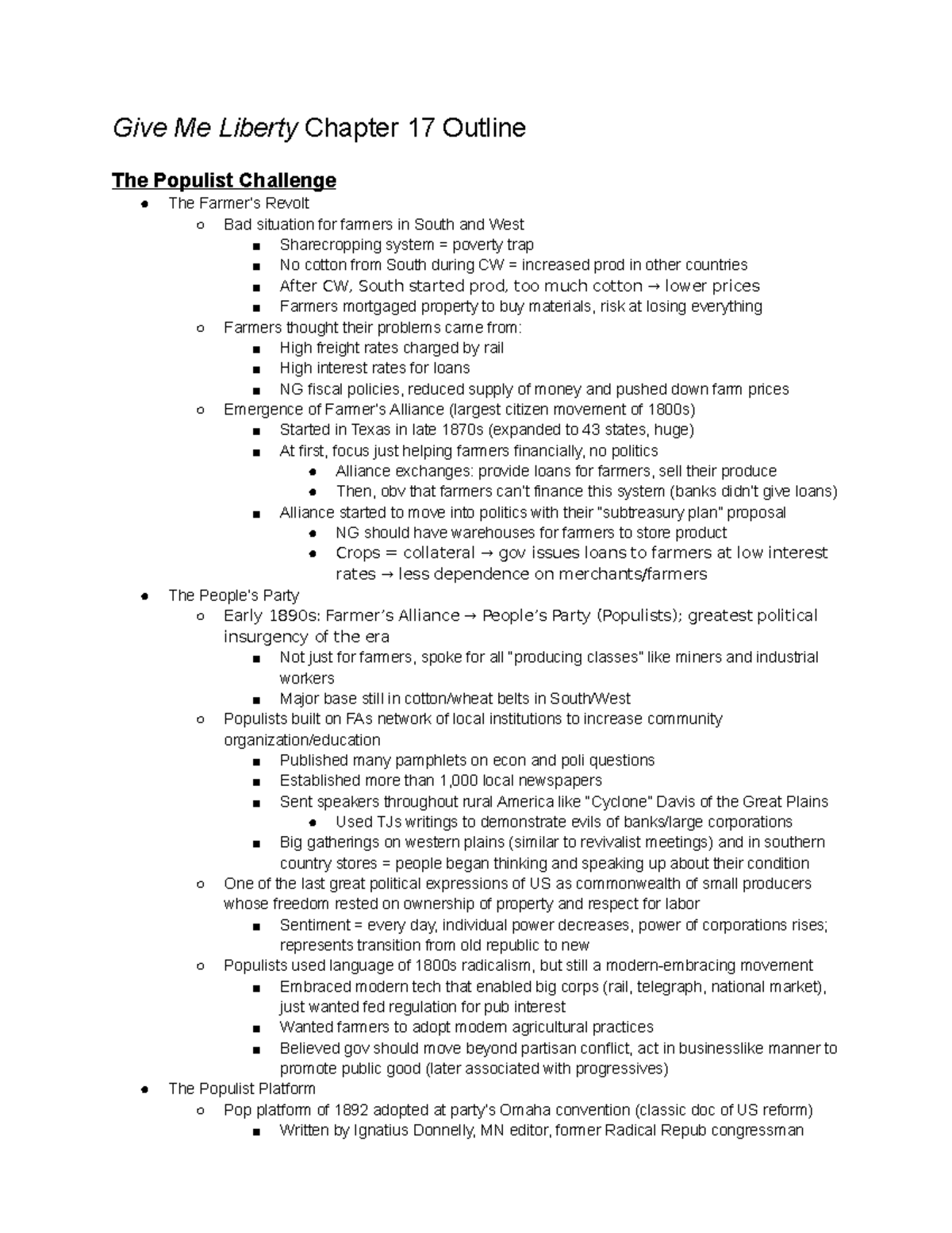 Give Me Liberty Chapter 17 Outline: The Populist Challenge - Studocu