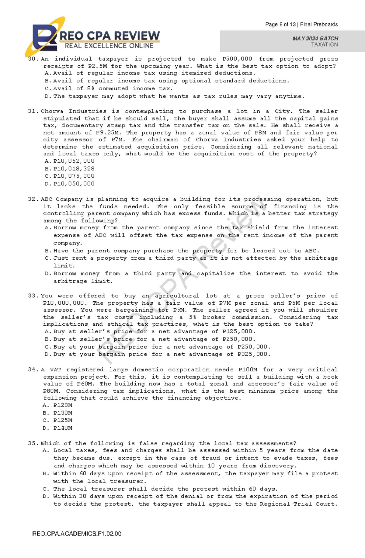 REO.CPA.ACADEMICS.F1.02.00 Final Preboards Taxation May 2024 Batch ...