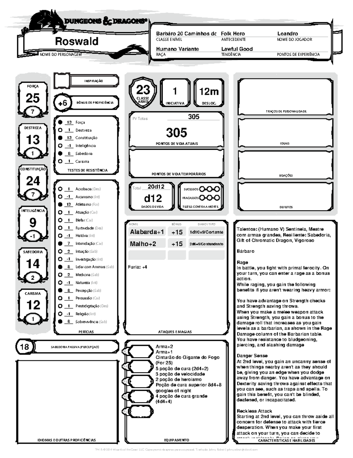Roswald Barbaro Level 20 Character Sheet - D&D 5E - Studocu