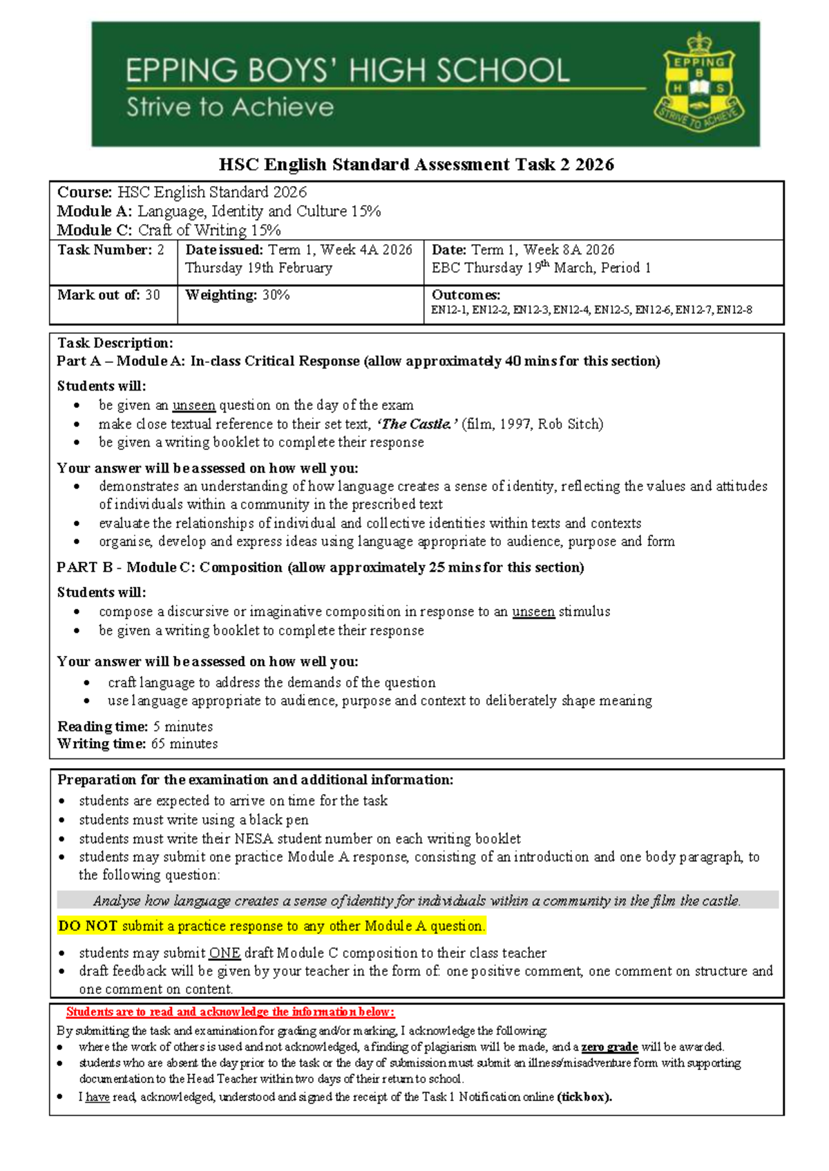 HSC English Standard Assessment Task 2 2026 - Mod A: Language ...