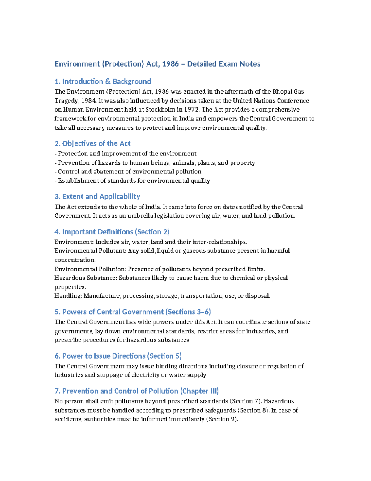 Environment (Protection) Act, 1986: Comprehensive Exam Notes - Studocu