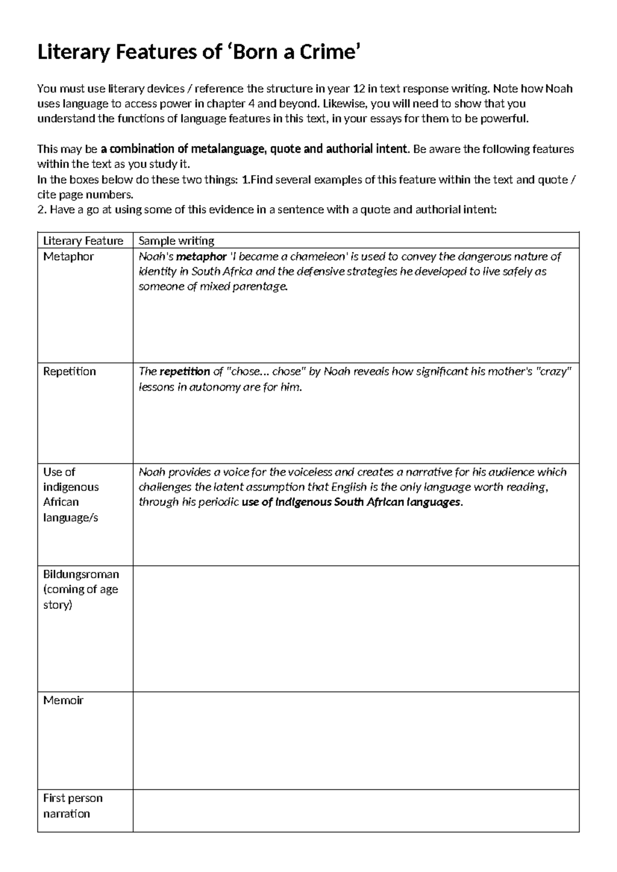 Literary Features of Born a Crime: Year 12 Text Response Guide - Studocu