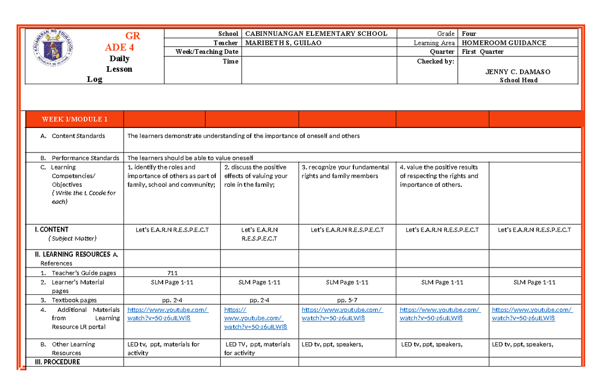 Grade 4 HGP DLL Module 2 - Values Education Daily Lesson Log - Studocu
