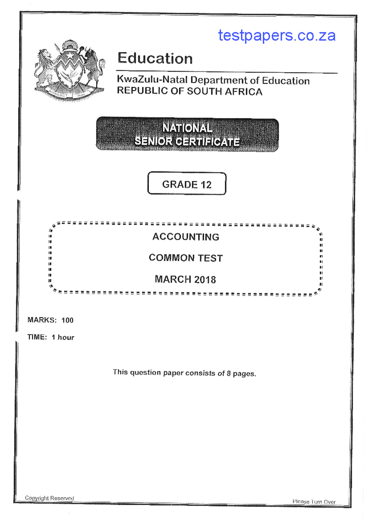 ACC 12 Grade 12 Accounting Common Test March 2018 Question Paper & Memo ...