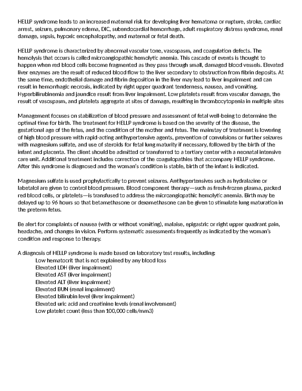 HELLP Syndrome Overview: Risks, Management, and Diagnosis - Studocu