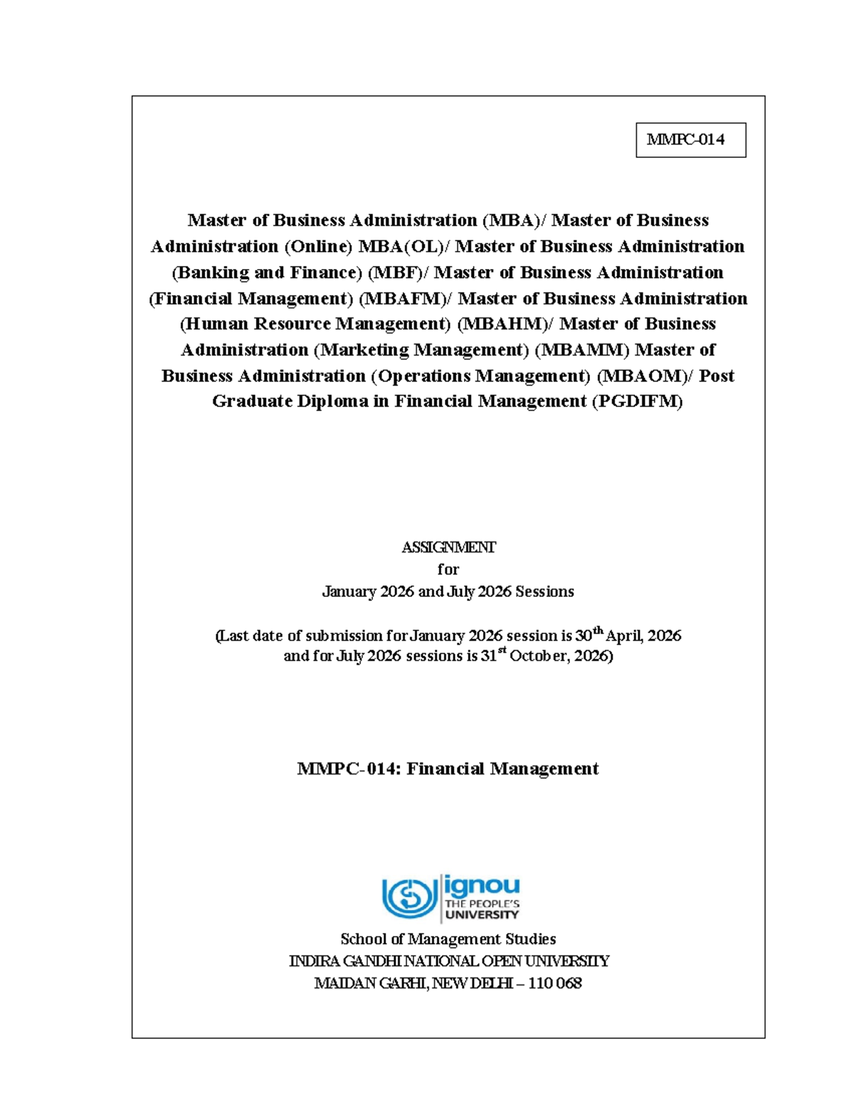 MMPC 014 Assignment: Financial Management for Jan & July 2026 Sessions ...