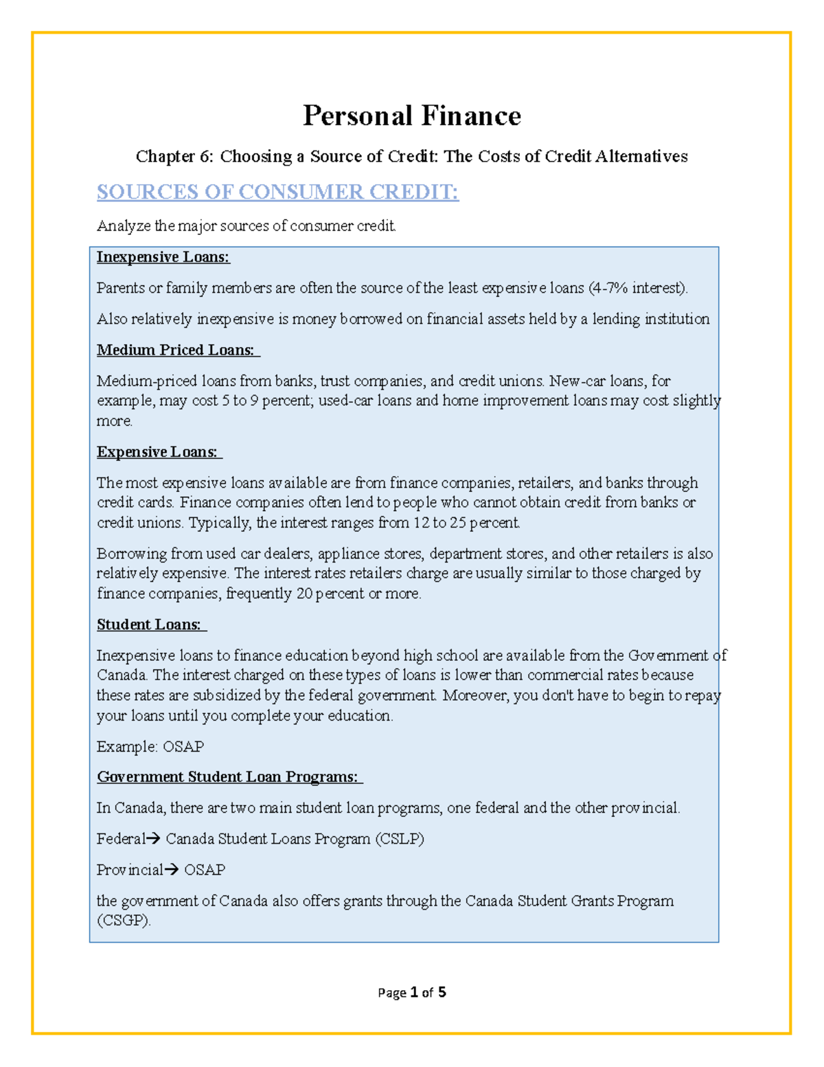 Personal Finance Ch 6: Evaluating Credit Sources & Costs - Studocu
