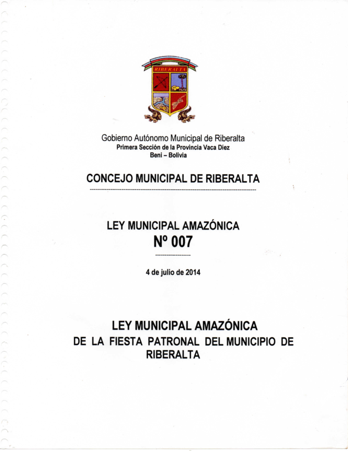 Ley Municipal N°007: Fiesta Patronal Virgen del Carmen en Riberalta ...