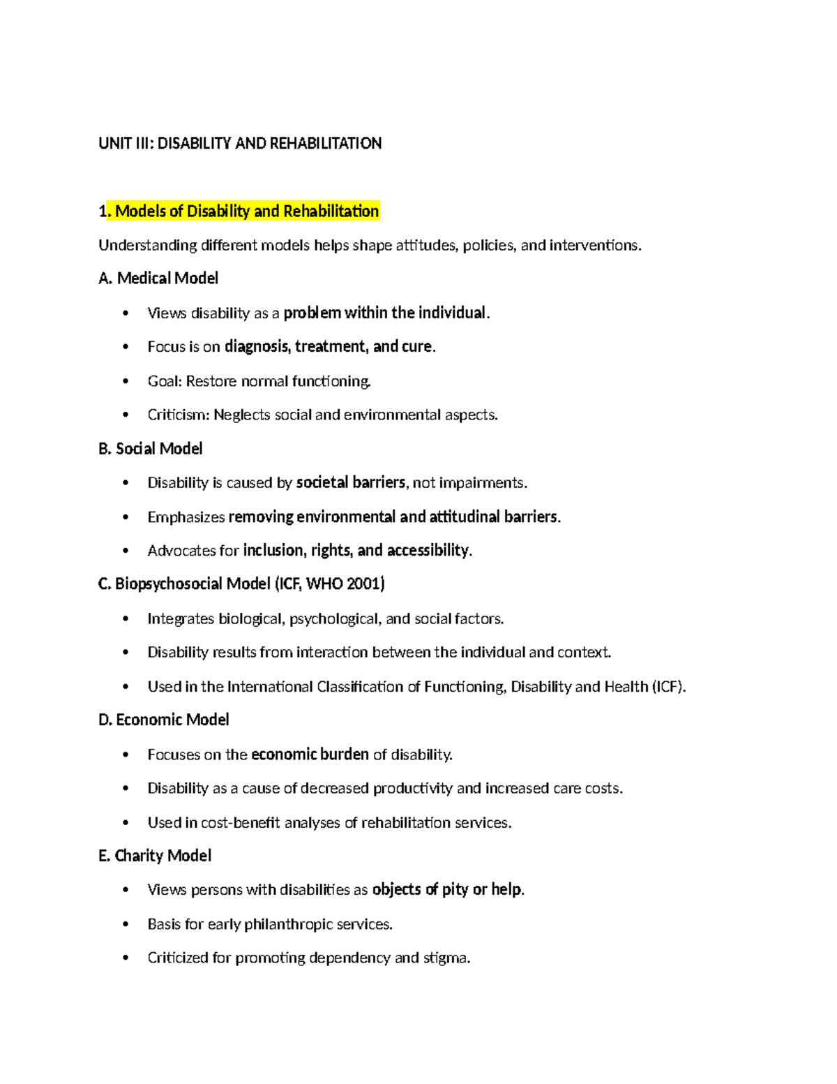 UNIT 3 - Disability Models and Rehabilitation Strategies - Studocu