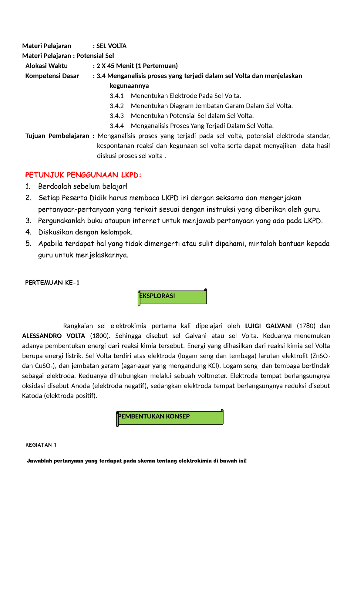 LKPD Sel Volta: Analisis Proses dan Penggunaan dalam Elektrokimia - Studocu