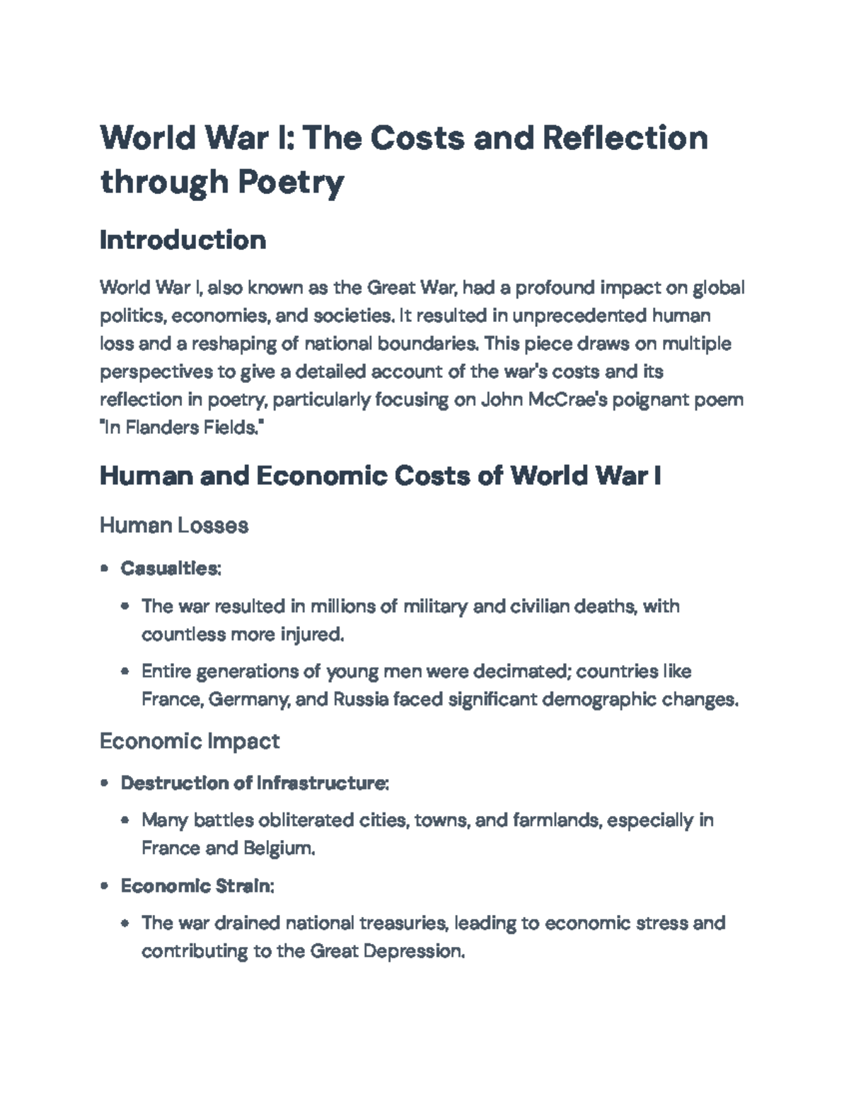 World War I: Human and Economic Costs Reflected in Poetry (ENG101 ...