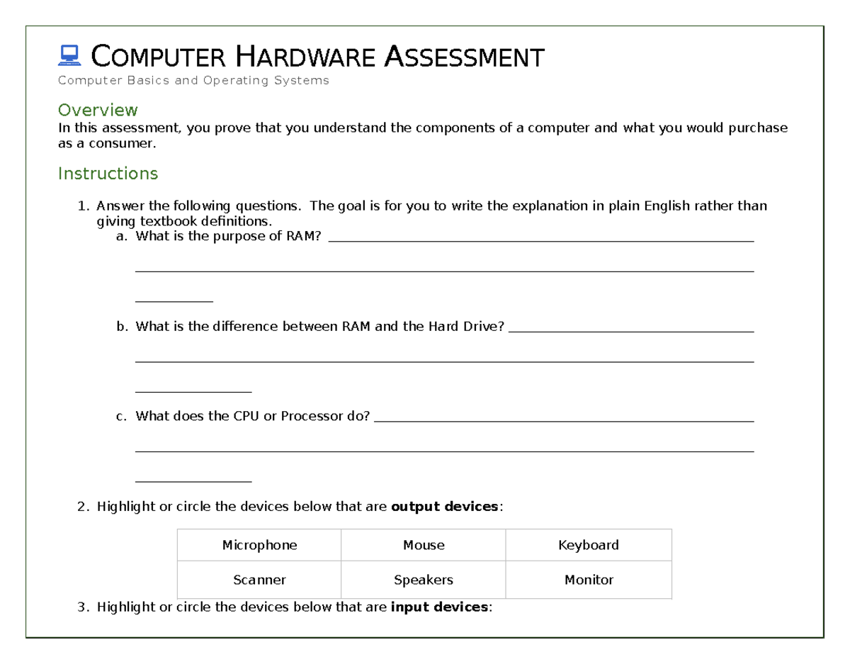 COMP-101: Computer Hardware Assessment Guide & Instructions - Studocu