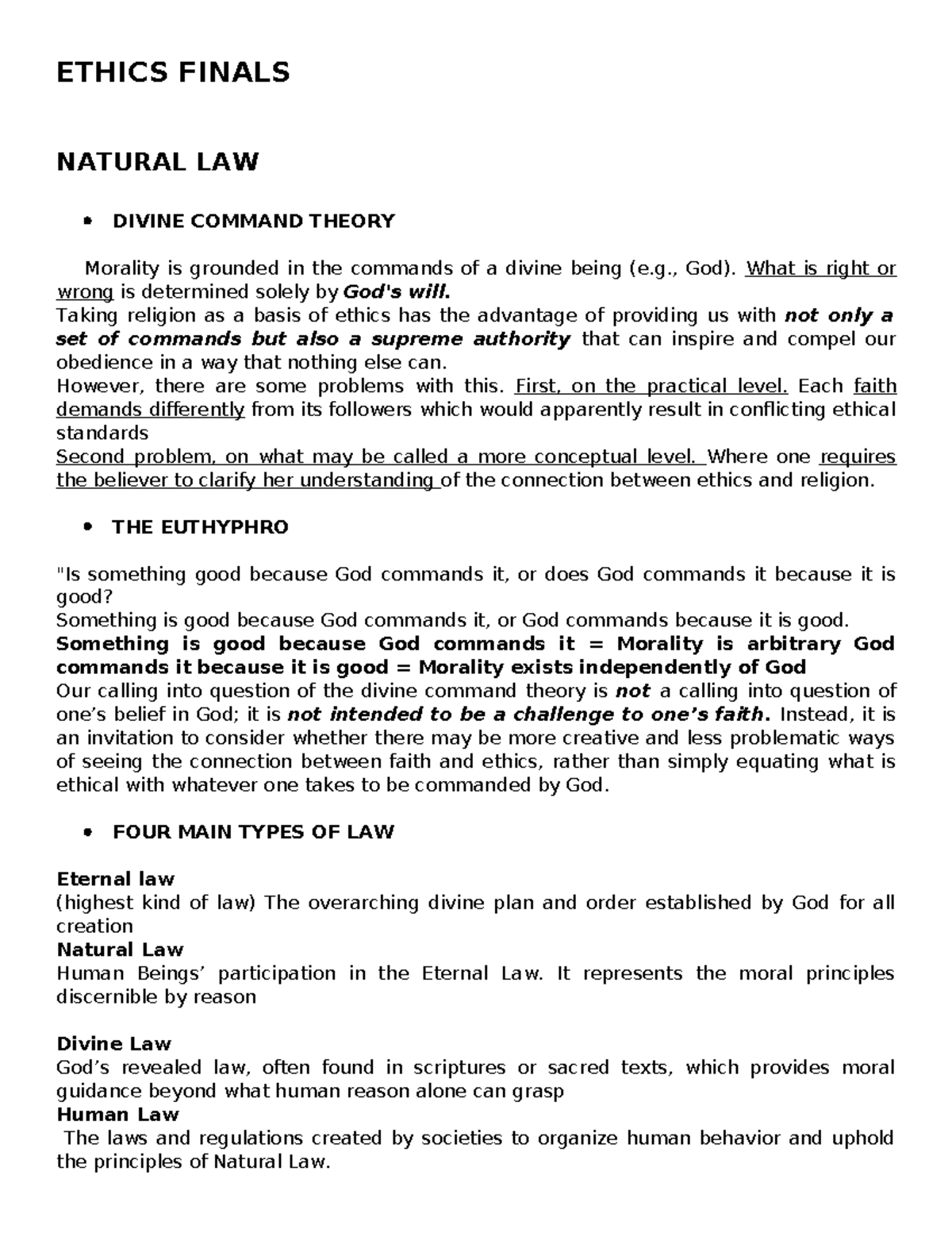 ETHICS 101 FINALS REVIEW: NATURAL LAW & DIVINE COMMAND THEORY - Studocu
