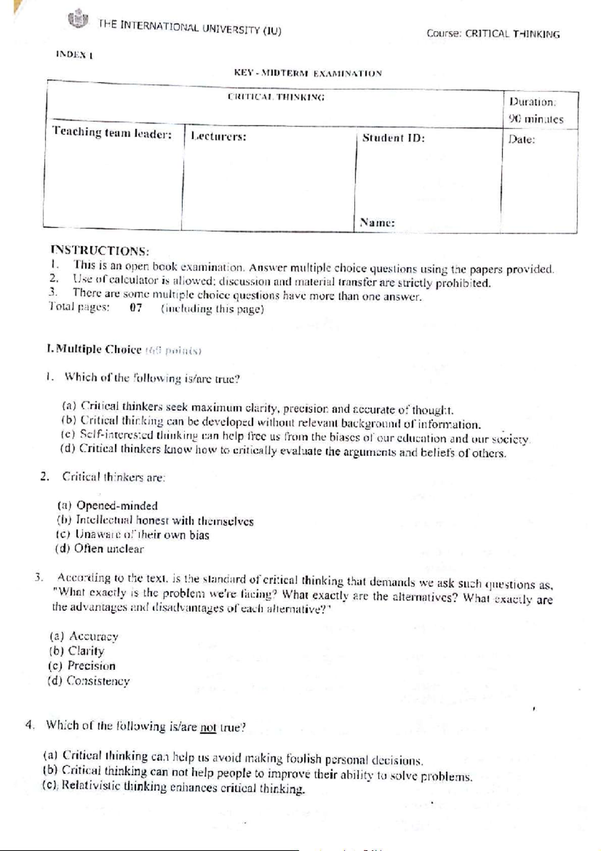 Critical Thinking I - Midterm Exam Questions and Answers (IU) - Studocu