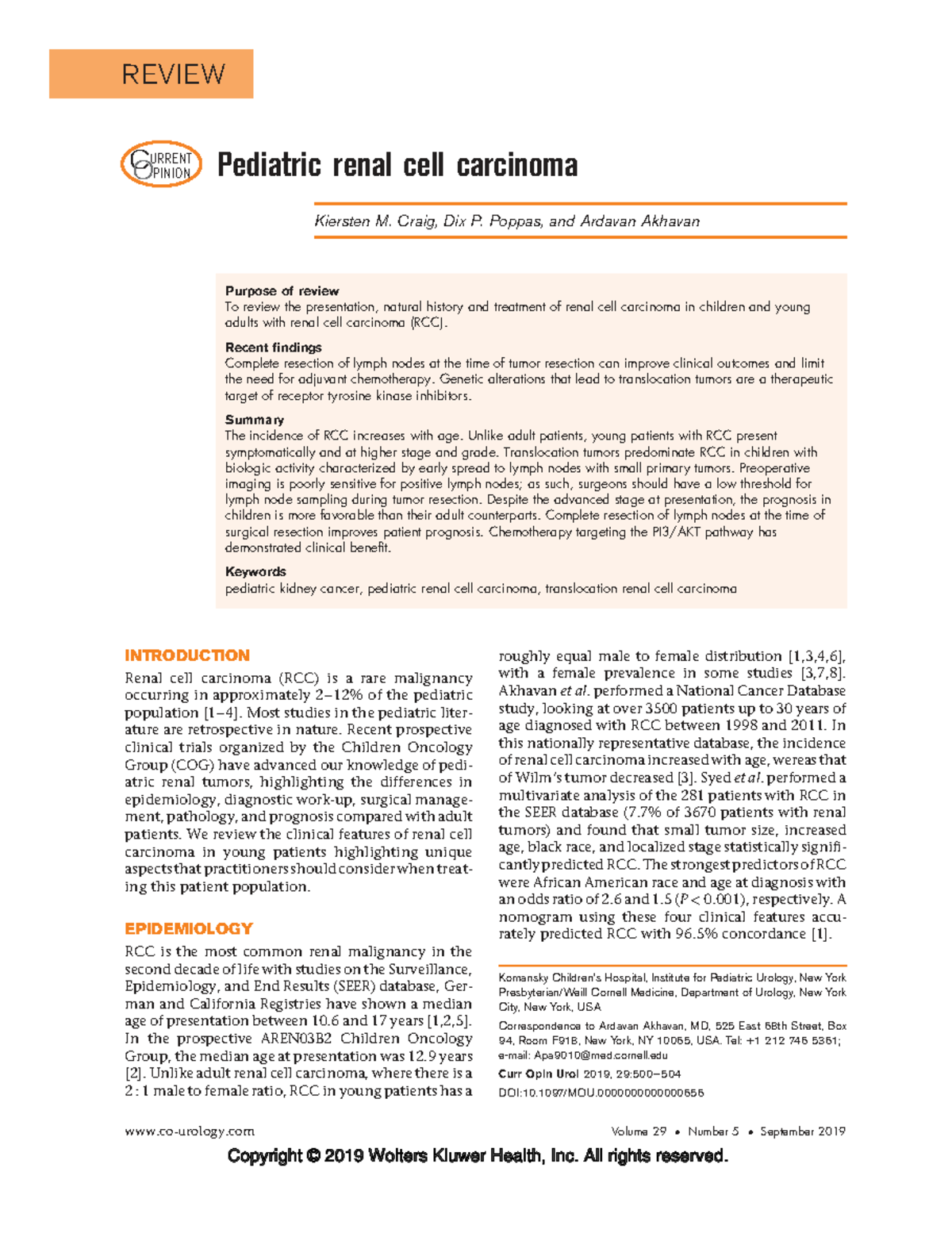 Curr Opin Urol 2019: Pediatric Renal Cell Carcinoma Insights - Studocu