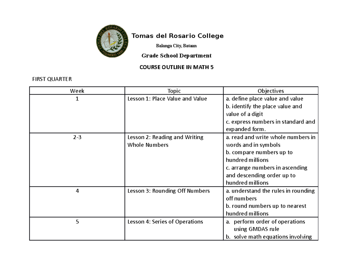 Math 5 Course Outline: Topics and Lessons Overview - Studocu
