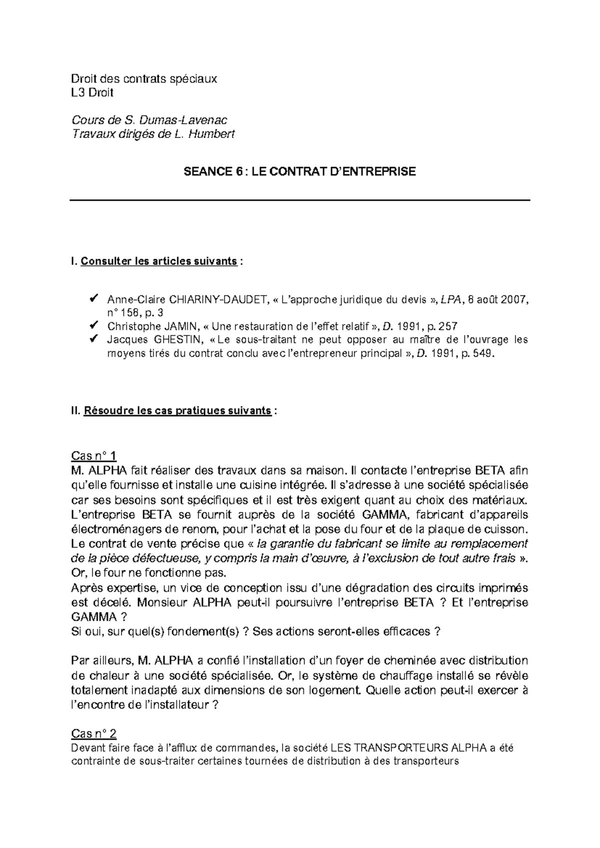 TD6 Droit des Contrats Spéciaux : Séance 6 - Analyse des Cas Pratiques ...