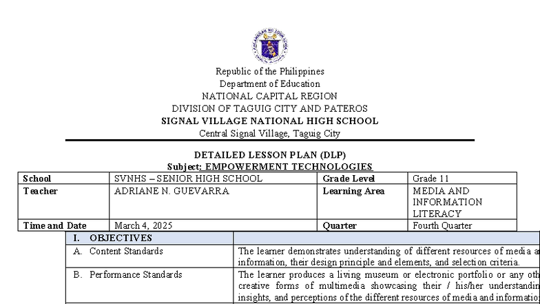 MIL COT - Detailed Lesson Plan for Empowerment Technologies Grade 11 ...