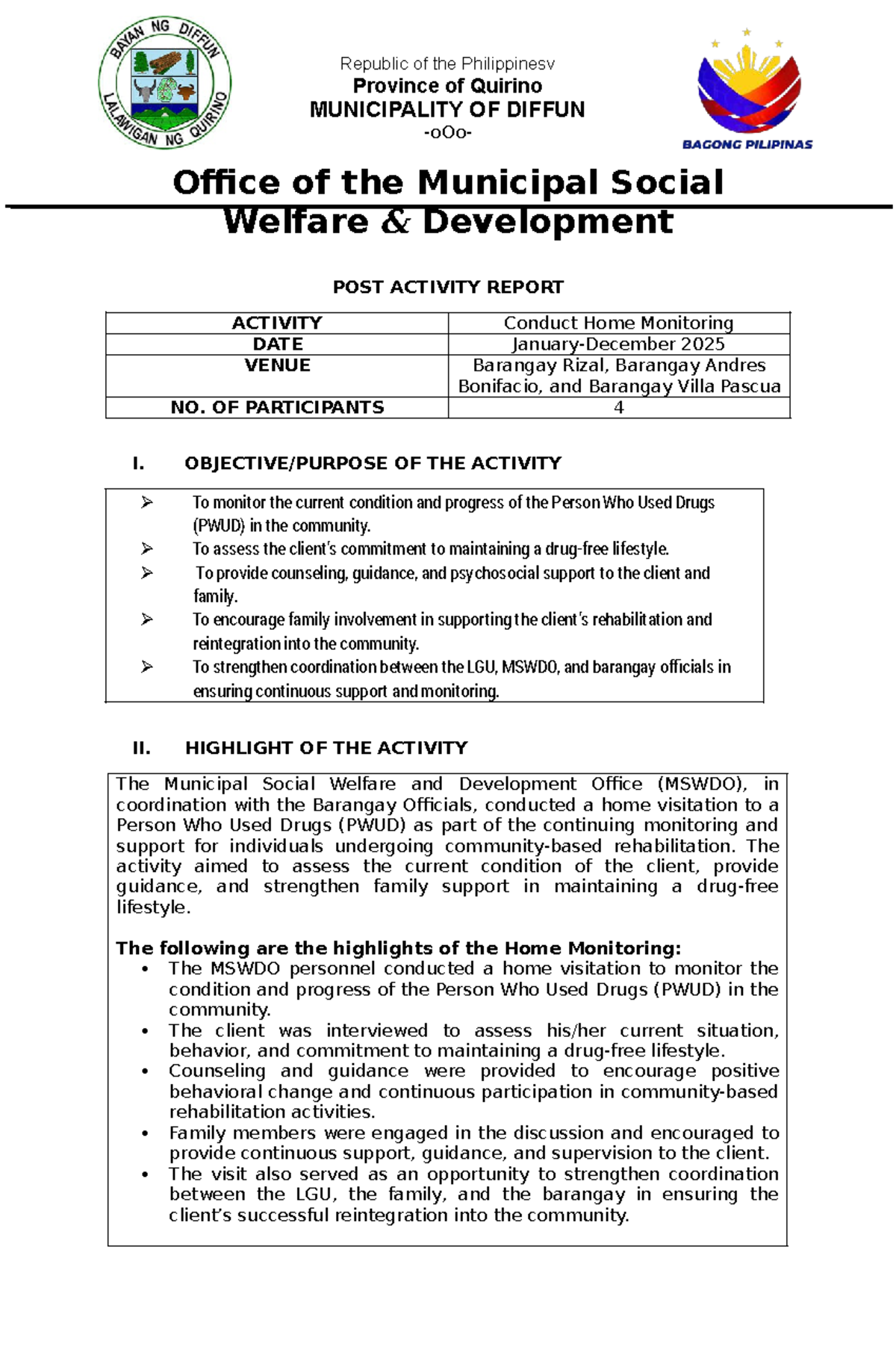 Home Monitoring Activity Report - Municipality of Diffun - Studocu