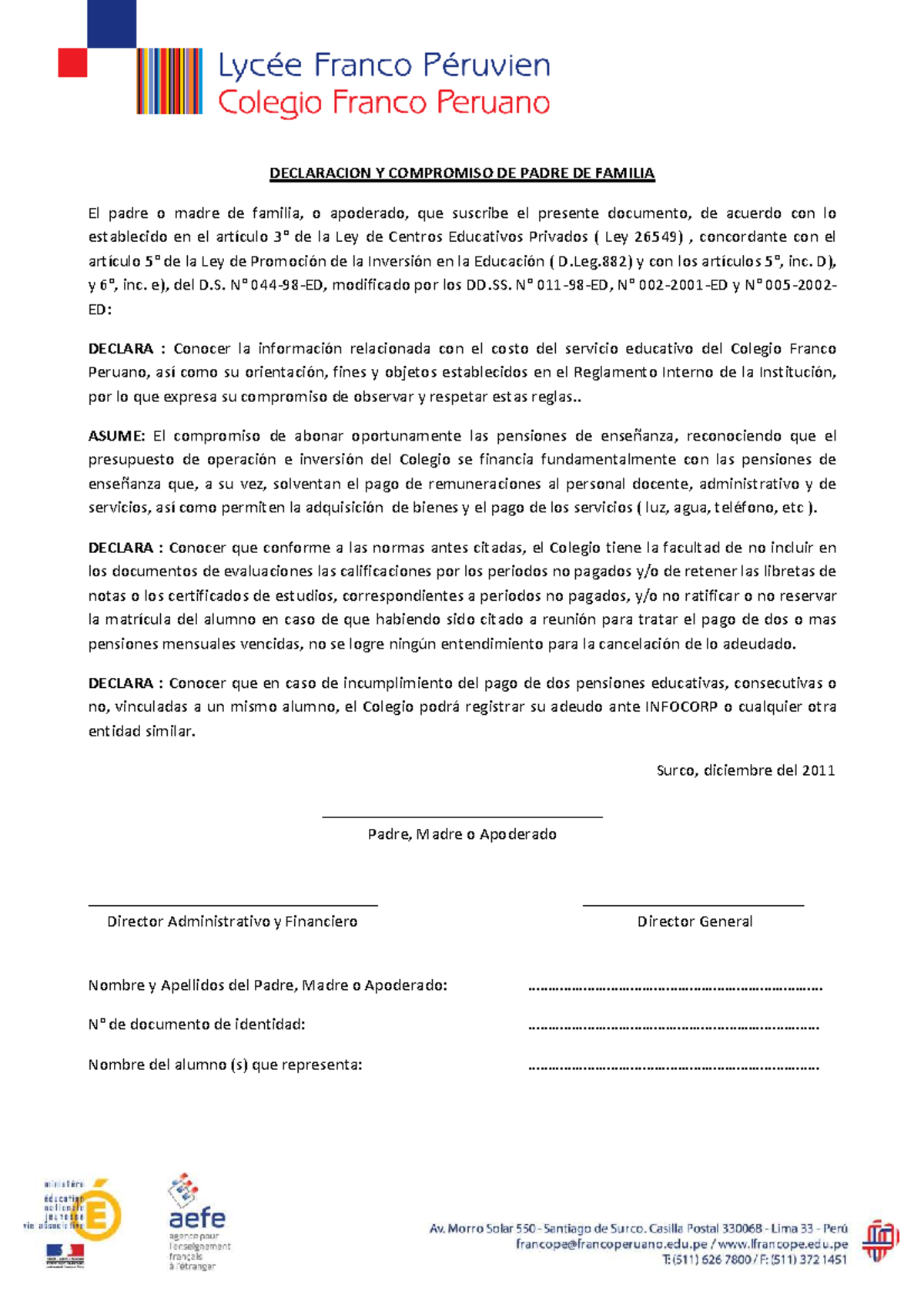 Compromiso de Pago y Declaración de Padres - Ley 26549 - Studocu