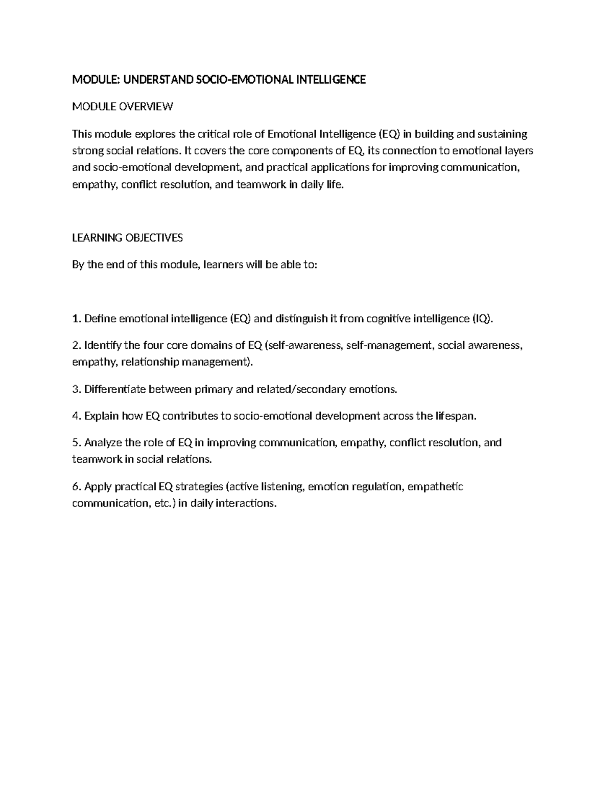 MODULE: Understanding Emotional Intelligence (EQ) Overview - Studocu