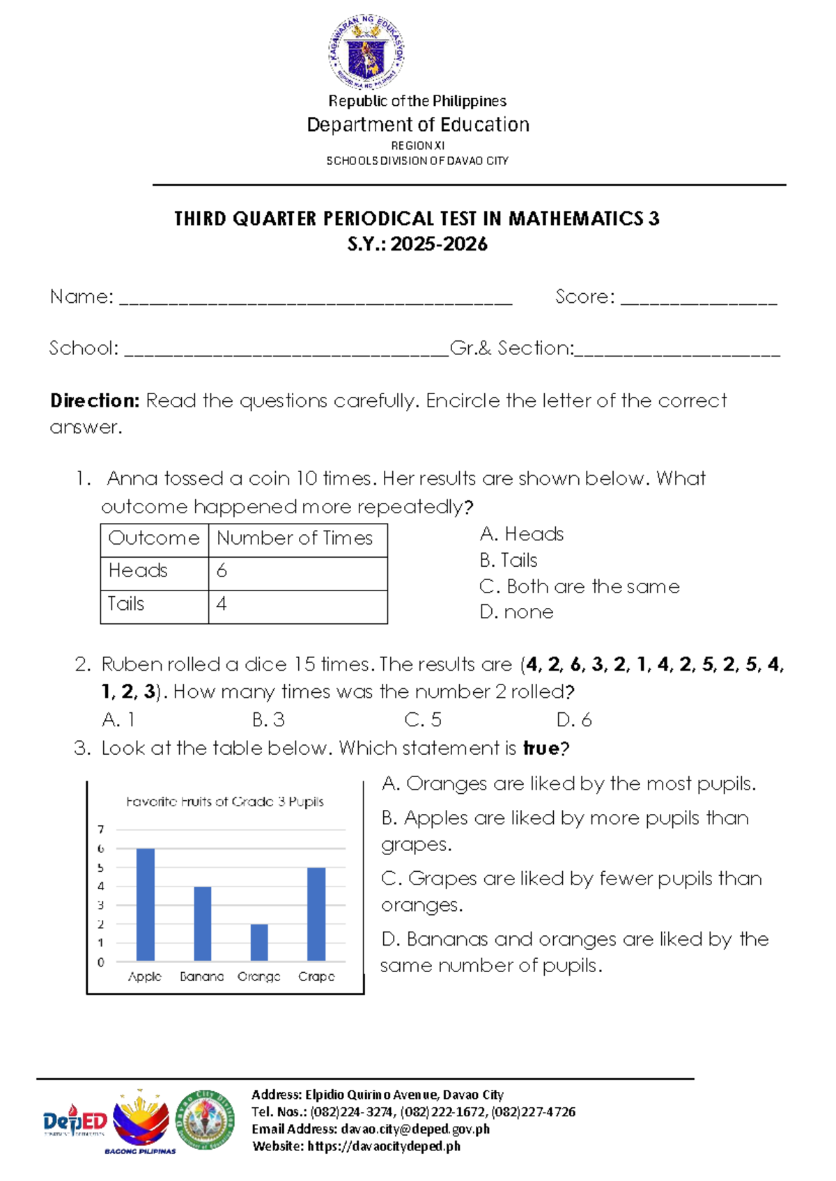 Q3 Periodical Test Questionnaire for Mathematics 3 - Studocu