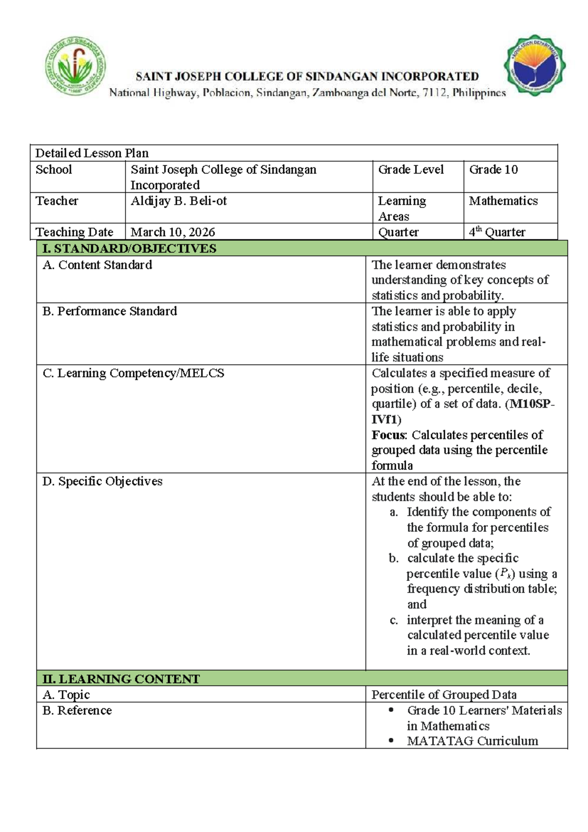 Grade 10 Mathematics Lesson Plan: Percentiles of Grouped Data - Studocu