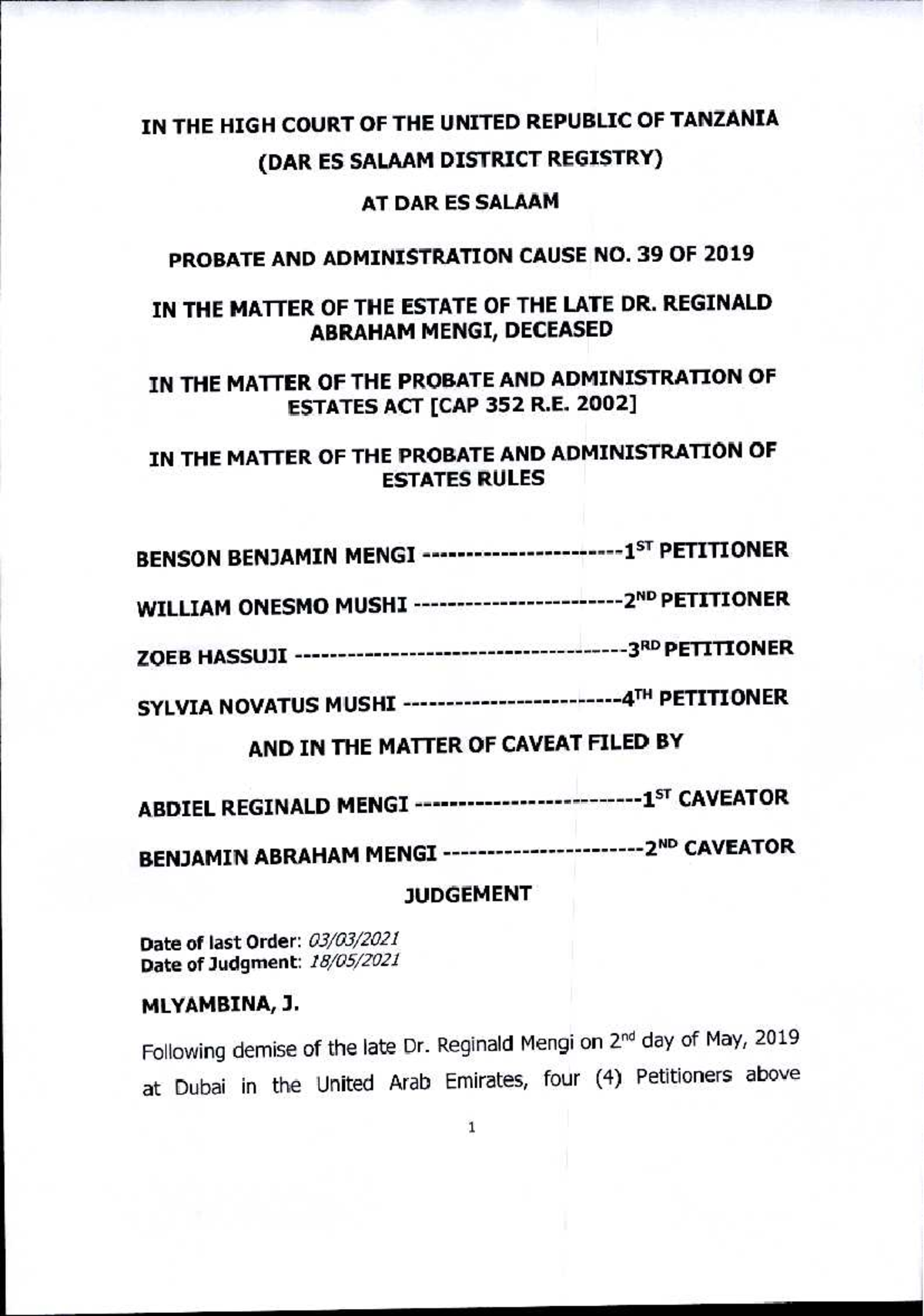Probate Case Analysis: In the Matter of Dr. Reginald Abraham Mengi ...