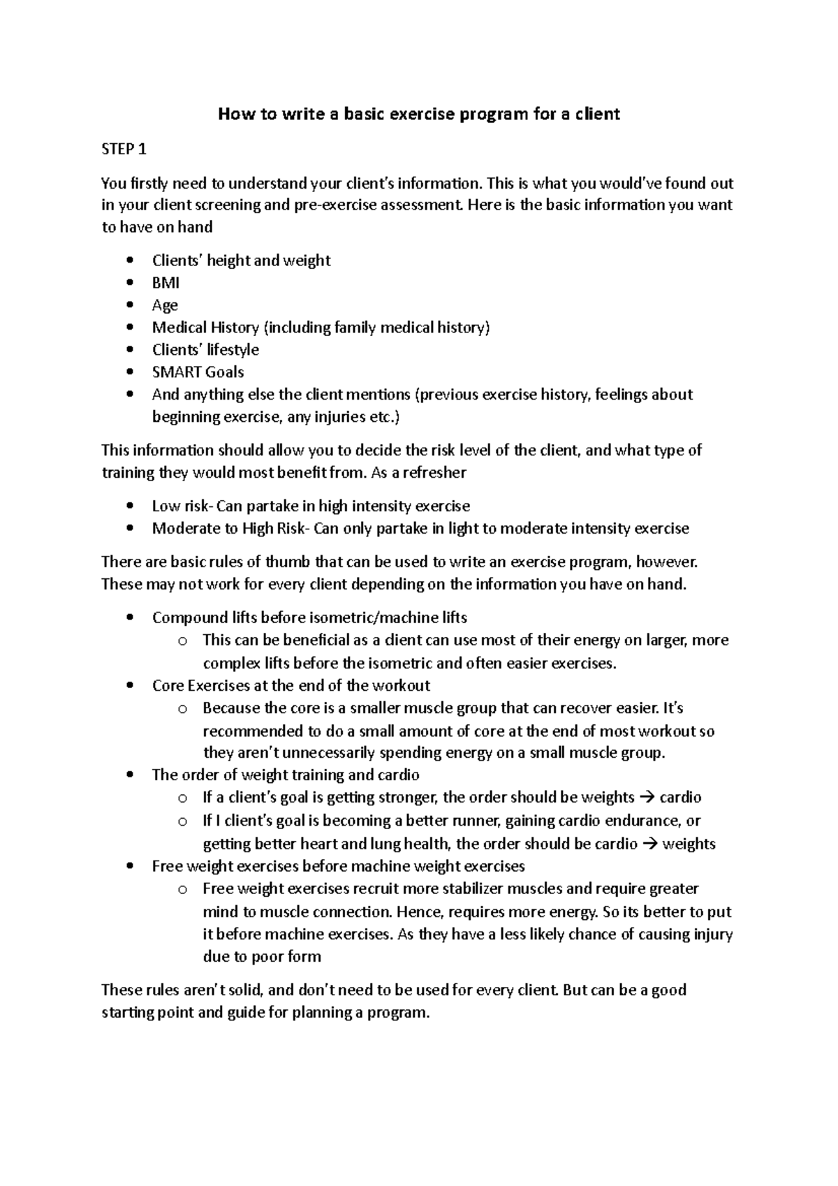 Creating Effective Basic Exercise Programs for Clients - Studocu