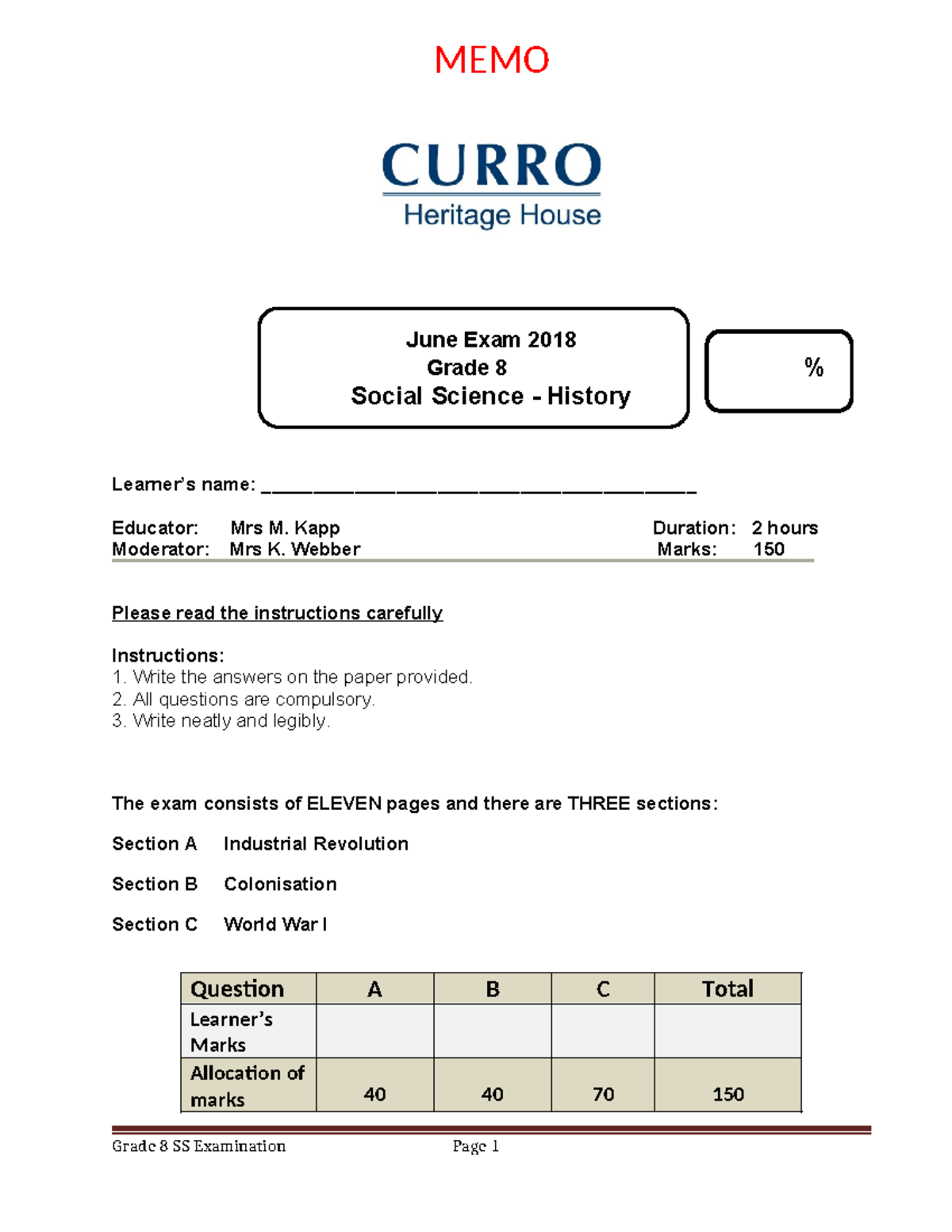 G8 June Exam 2018 Memo: Social Science History Analysis - Studocu