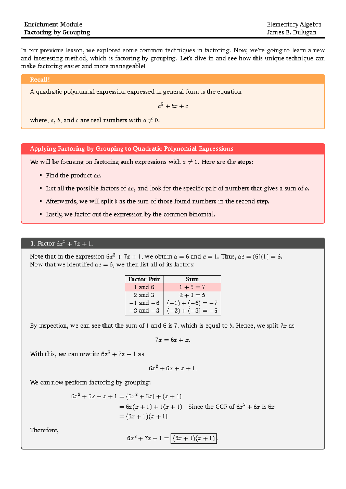 Factoring by Grouping: Enrichment Module in Elementary Algebra - Studocu