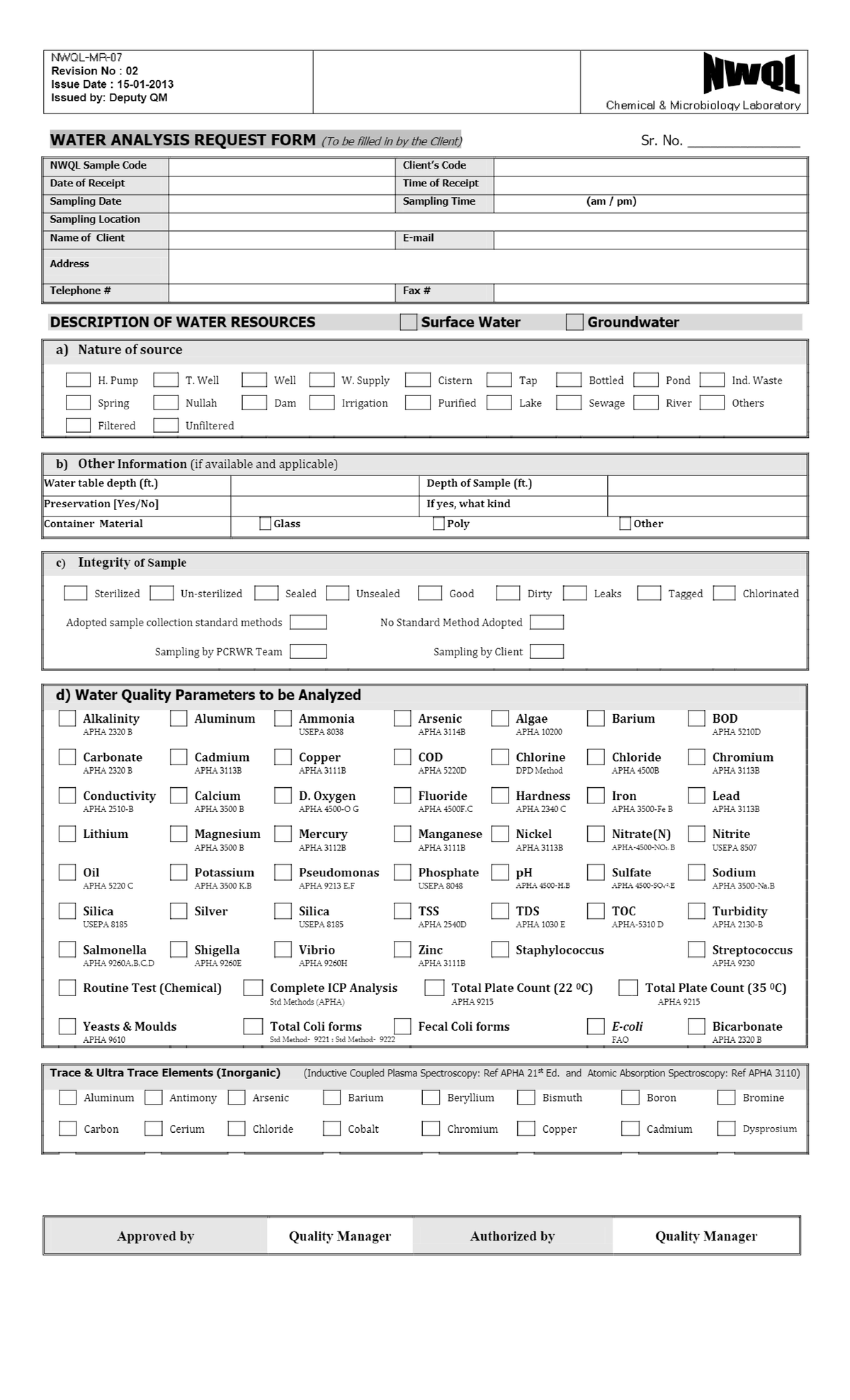Water Analysis Request Form - Revision No 02 Issue Date Nwal Issued ...