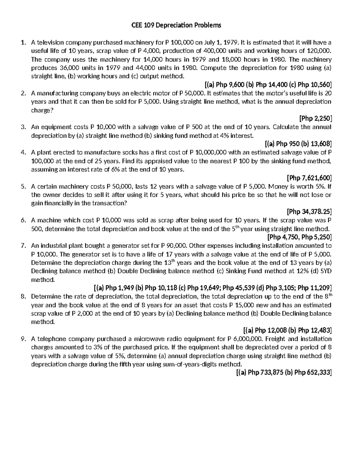 CEE 109 Depreciation Problems with Solutions and Computations - Studocu
