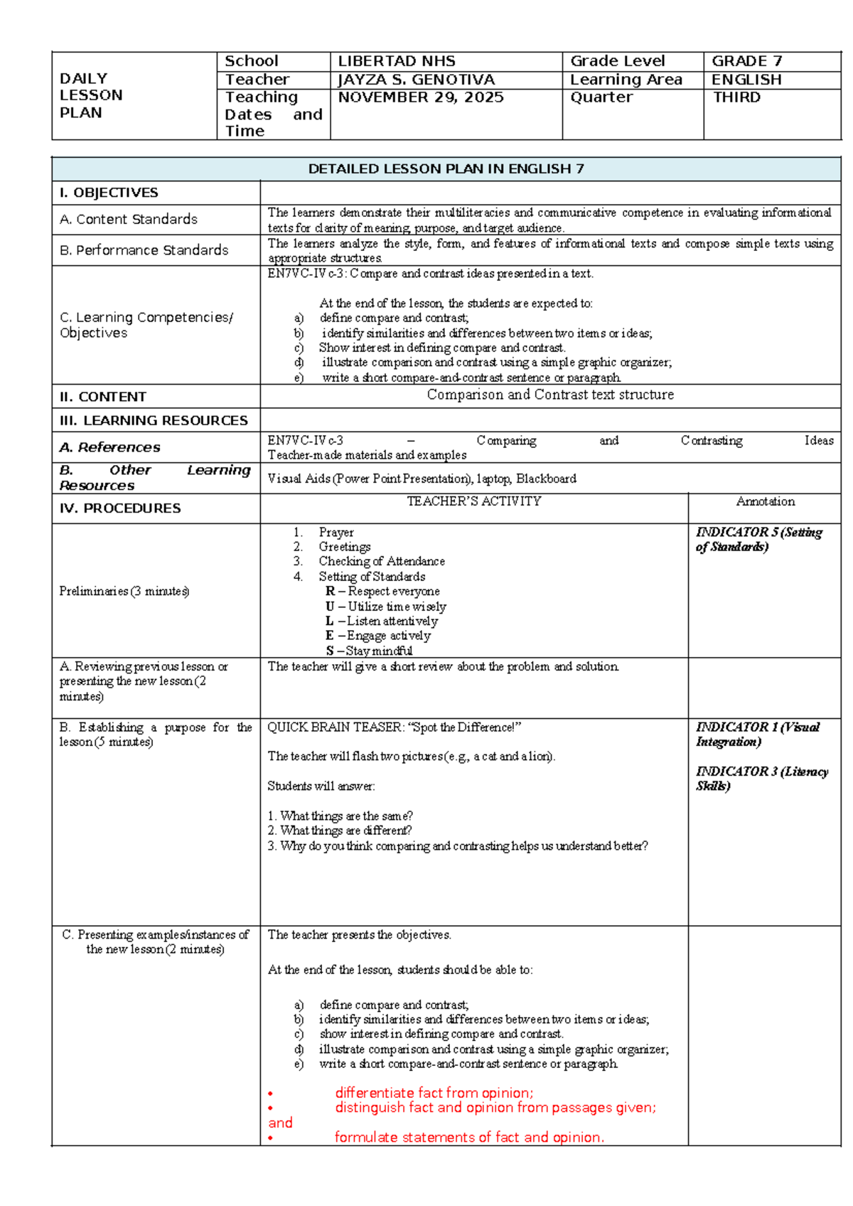 Grade 7 English Lesson Plan: Compare and Contrast (LP) - Studocu