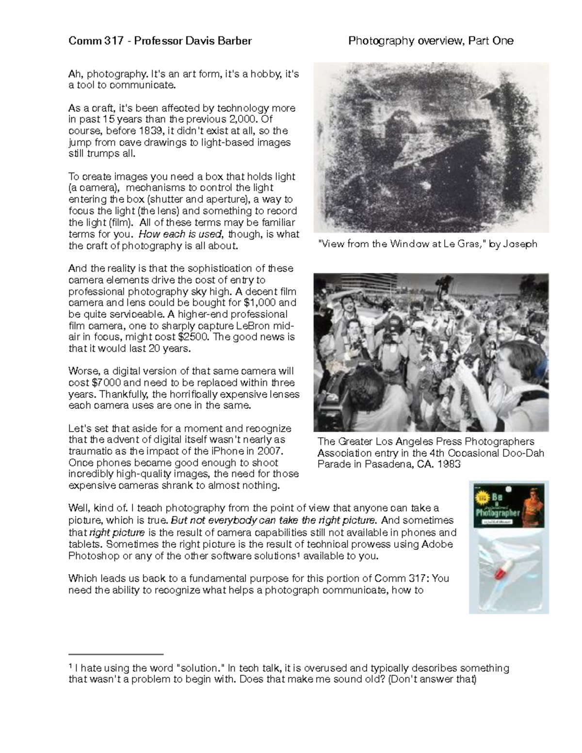 Photography Overview Part 1 - Comm 317 Lecture Notes - Comm 317 ...