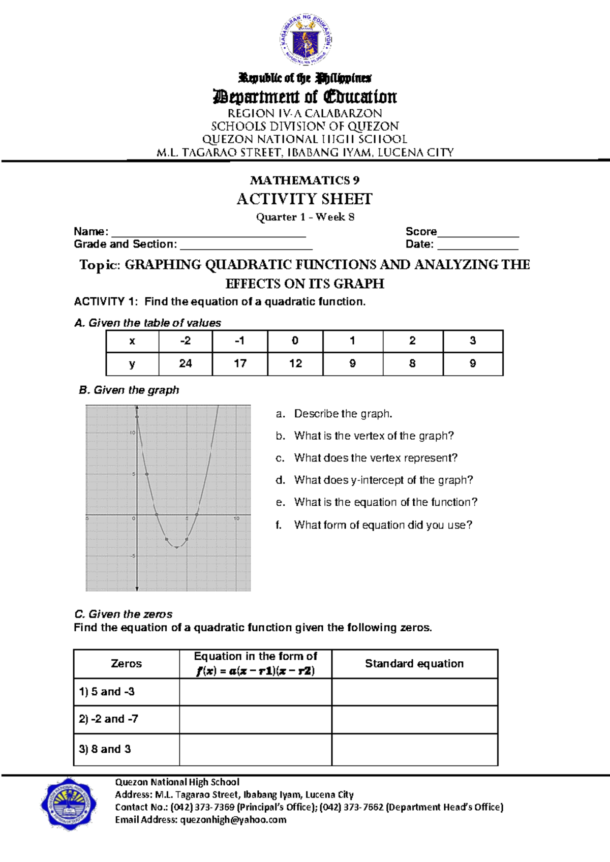 Activities-Week-8-g9 q1 - Republic of the Philippines Department of ...