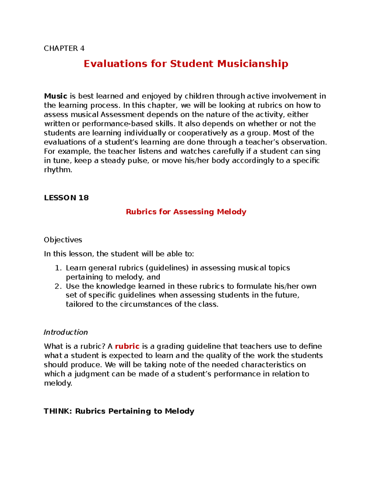 Lesson 18: Rubrics for Assessing Melody in Music Education - Studocu